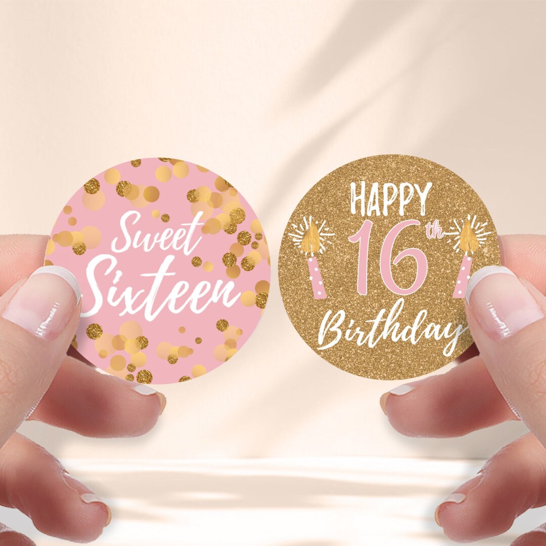 Pink and Gold Sweet 16 Party Favor Stickers, Happy 16th Birthday Party ...
