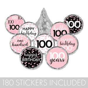 100th Birthday Party Favor Stickers - Pink and Black Chocolate Kiss ...