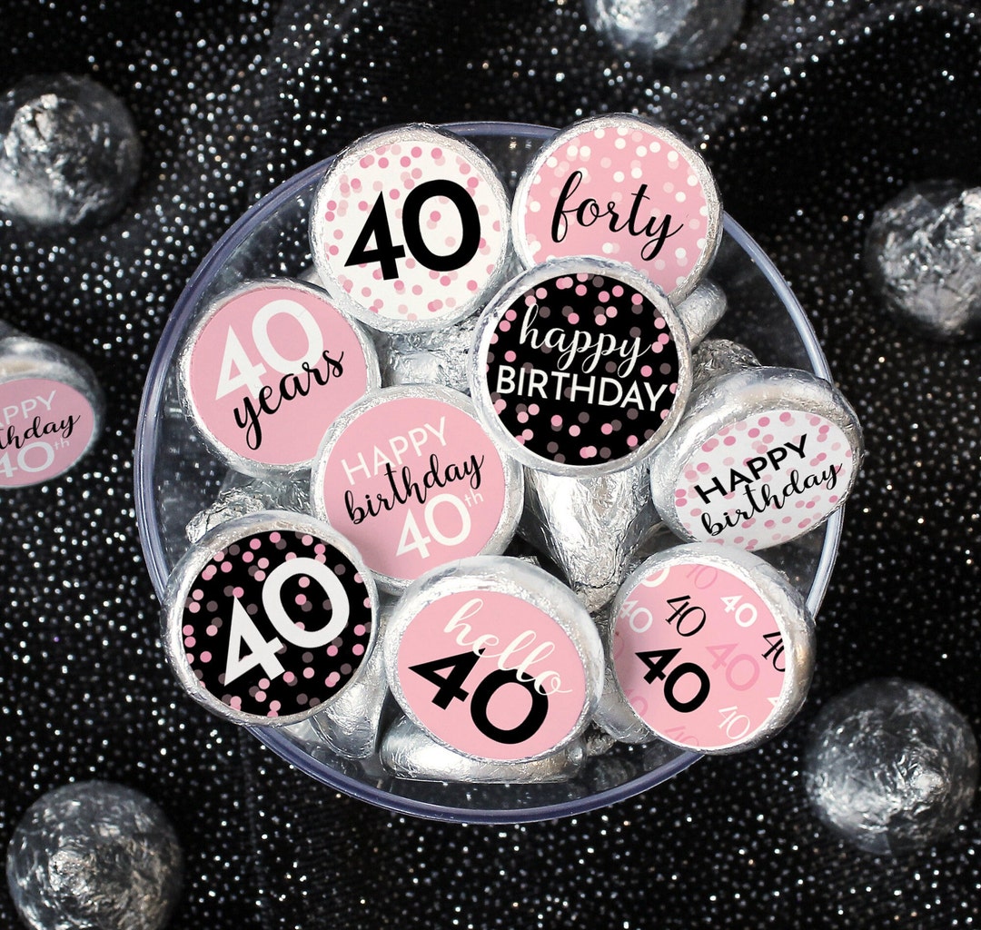 40th Birthday Party Favor Stickers - Pink and Black Chocolate Kiss ...