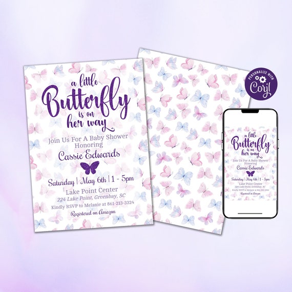 Butterfly Girl Baby Shower Party Invitation, Digital Invite - A Little ...