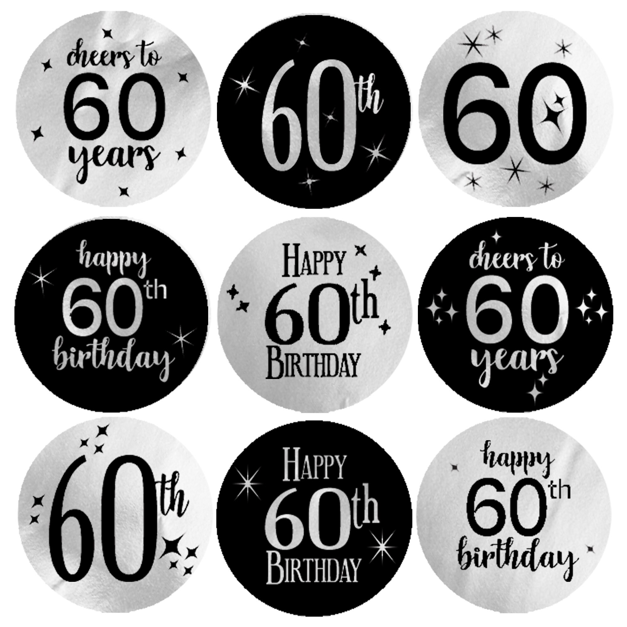 60th Happy Birthday Party Favor Stickers Silver Foil & Black | Etsy