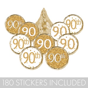90th Birthday Stickers for Chocolate Kisses, White and Gold Happy 90th ...
