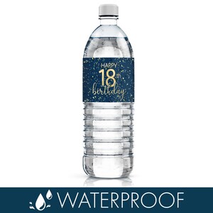 18th Birthday Party Favor Stickers - Navy Blue & Gold Foil Water Bottle ...