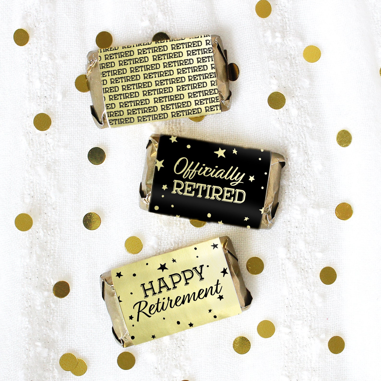 Retirement Party Mini Candy Bar Wrapper Stickers, Black and Gold Theme ...