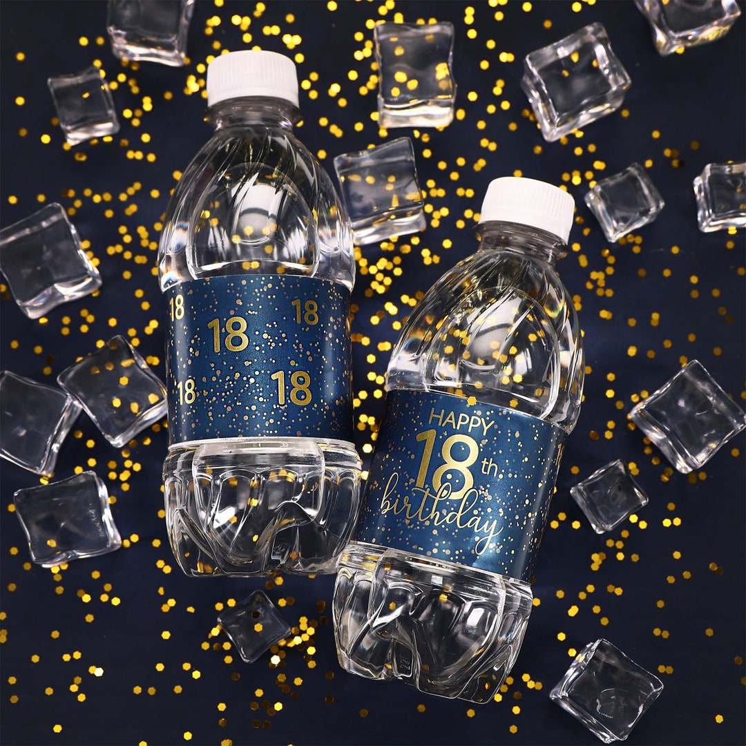 18th Birthday Party Favor Stickers - Navy Blue & Gold Foil Water Bottle ...