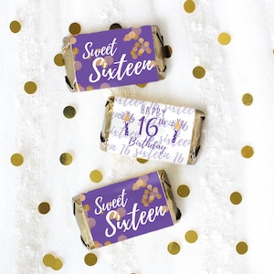 Sweet 16 Purple and Gold Candy Bar Wrappers, Happy Sweet Sixteenth ...