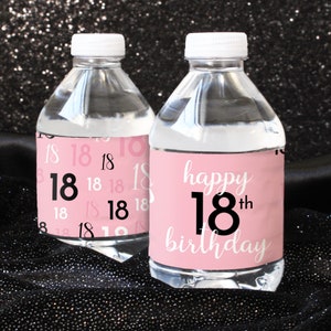 18th Birthday Party Favor Stickers - Pink and Black Water Bottle Labels ...