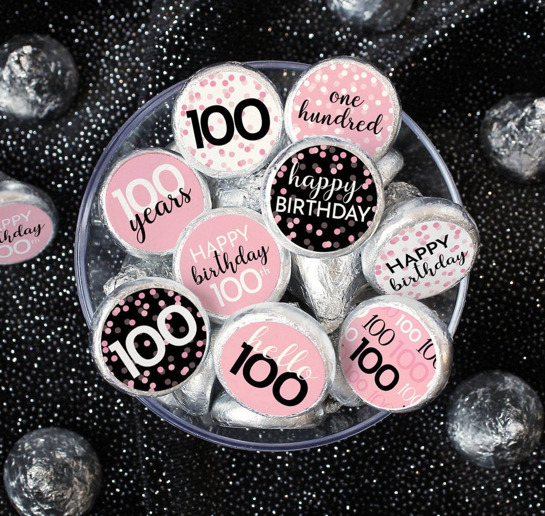 100th Birthday Party Favor Stickers - Pink and Black Chocolate Kiss ...