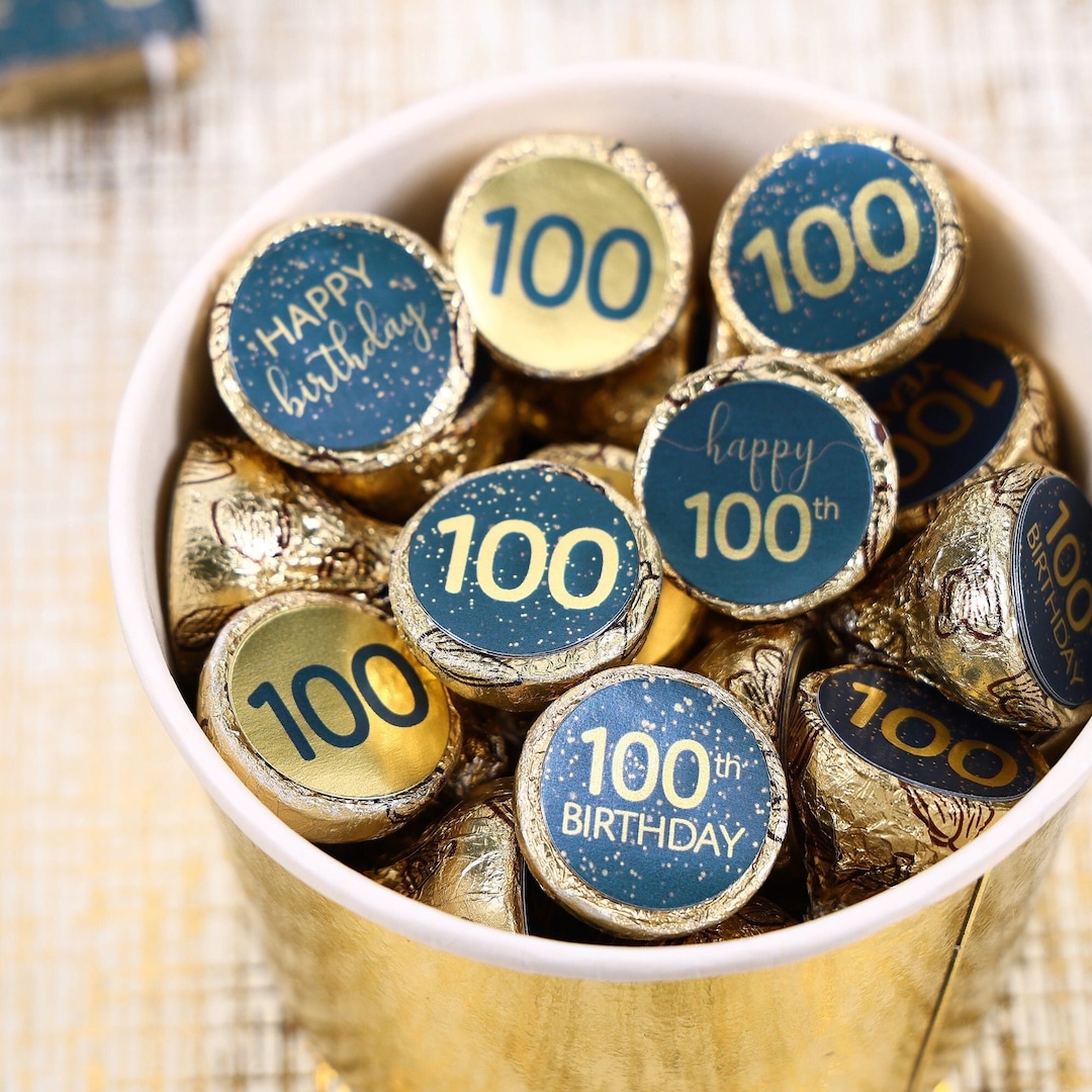 100th Birthday Party Favor Stickers - Navy Blue & Gold Foil Chocolate ...