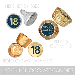 18th Birthday Stickers for Kisses Candy, Navy and Gold Happy 18th ...