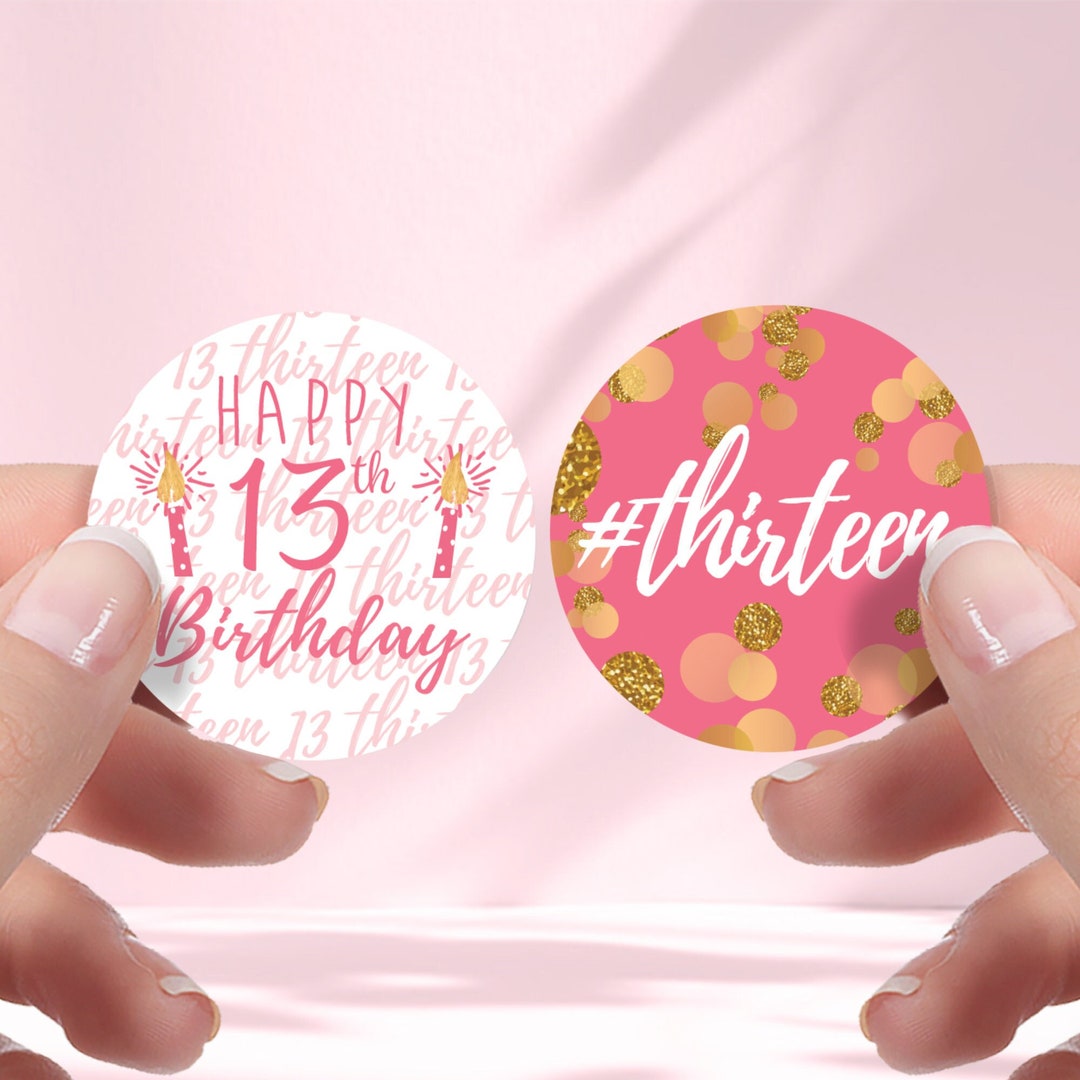 13th Birthday Party Favor Stickers Pink and Gold, Happy Thirteenth ...