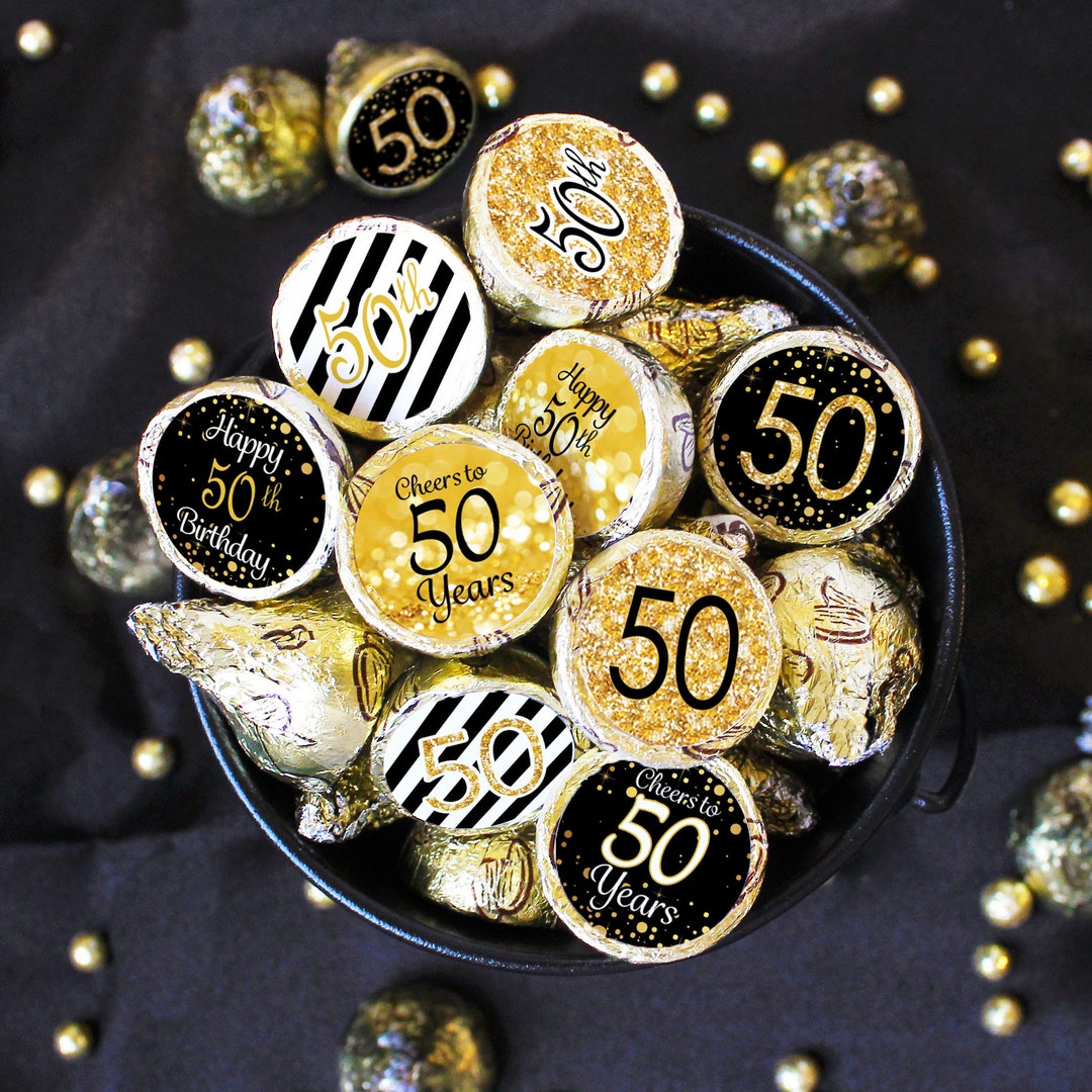 50th Birthday Stickers, Black and Gold Candy Favors (180ct) - Etsy