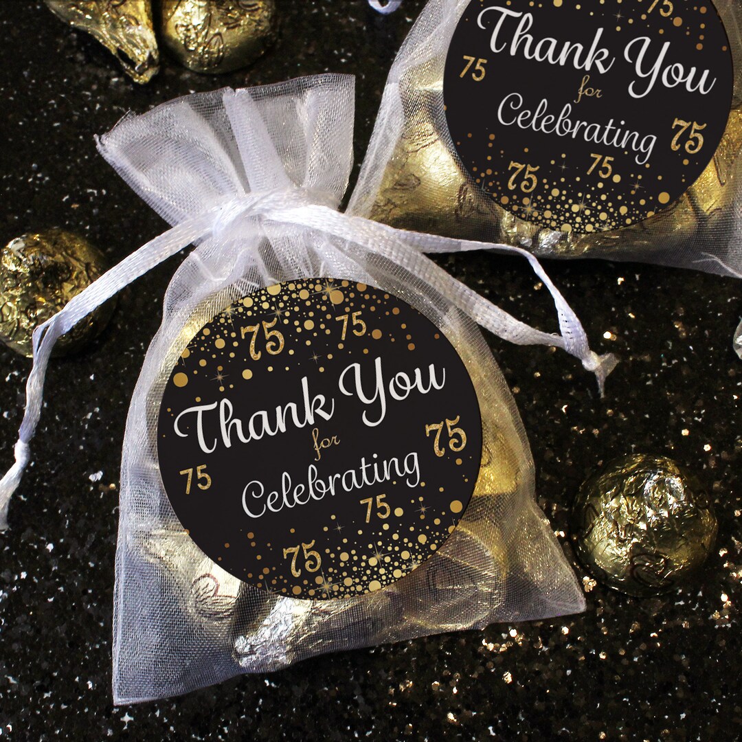 75th Birthday Thank You Stickers, Black and Gold Birthday Party Bag ...