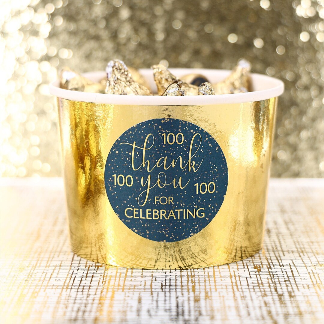 100th Birthday Party Favor Stickers Navy Blue & Gold Foil - Etsy