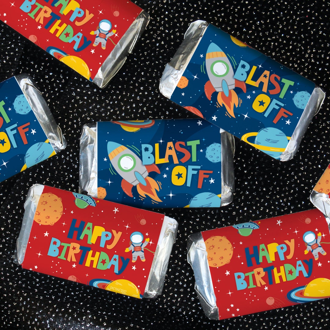 Outer Space Birthday Party Mini Chocolate Bar Favor Stickers - Blast ...