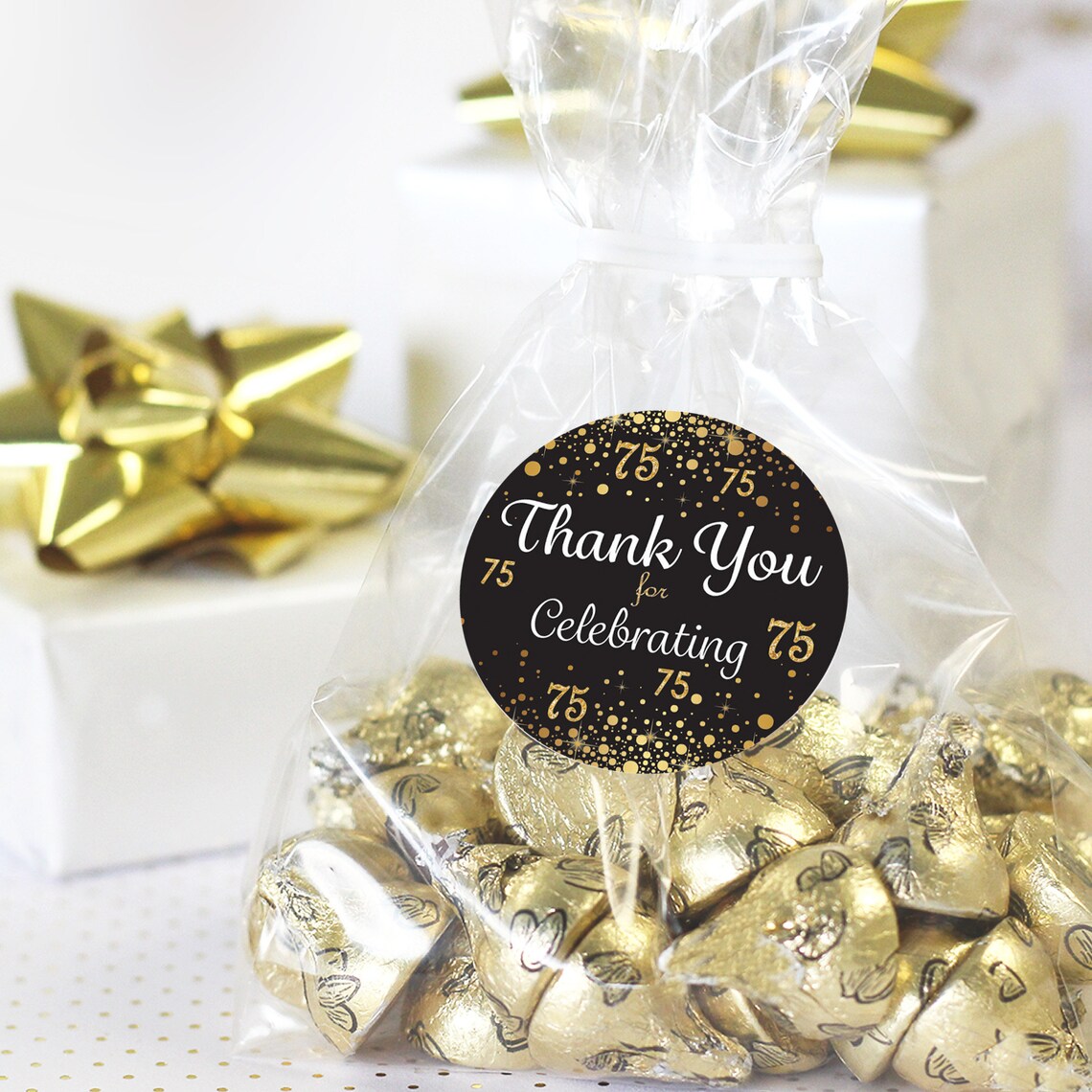 75th Birthday Thank You Stickers, Black and Gold Birthday Party Bag ...