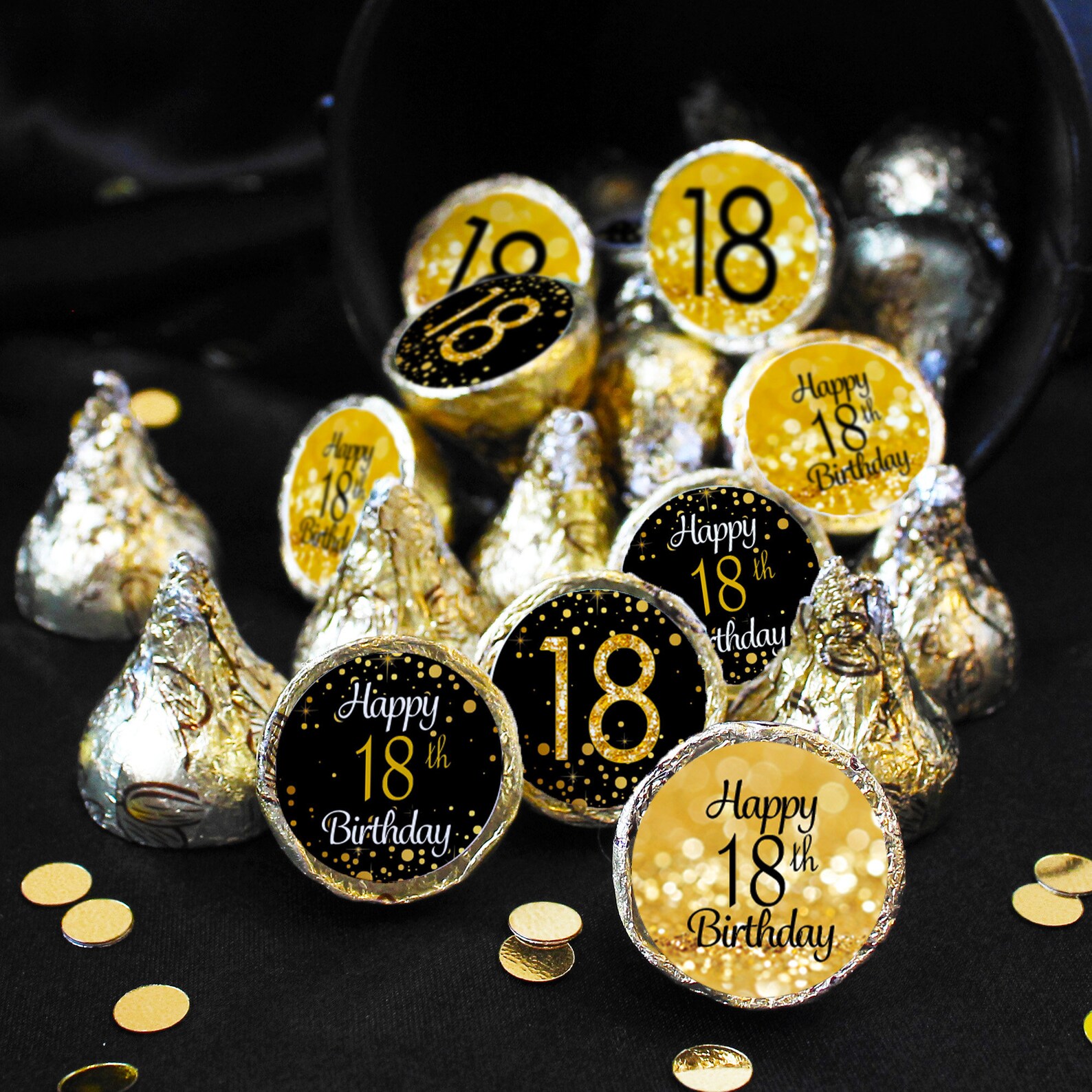 18th Birthday Party Favor Stickers, Black and Gold Candy Labels for ...