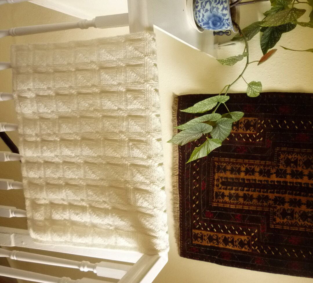 Cream Wool Blanket or Throw, Handspun and Handknitted in a Textured ...