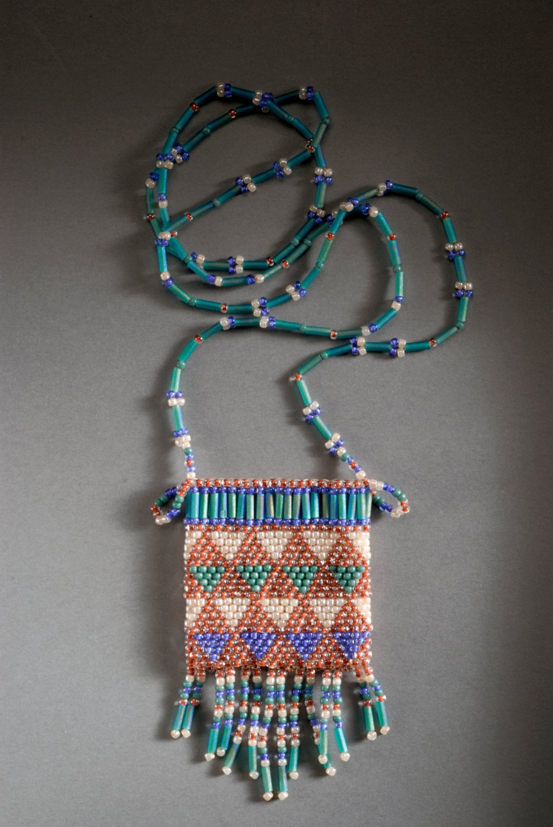 Amulet Bag in Brown, Beige, Dark Turquoise and Dark Mauve Seed and ...