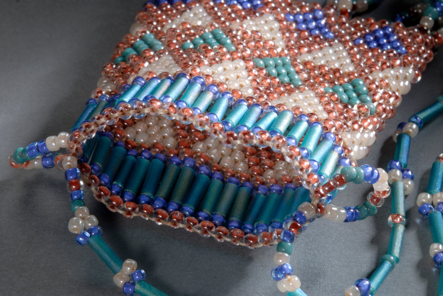 Amulet Bag in Brown, Beige, Dark Turquoise and Dark Mauve Seed and ...