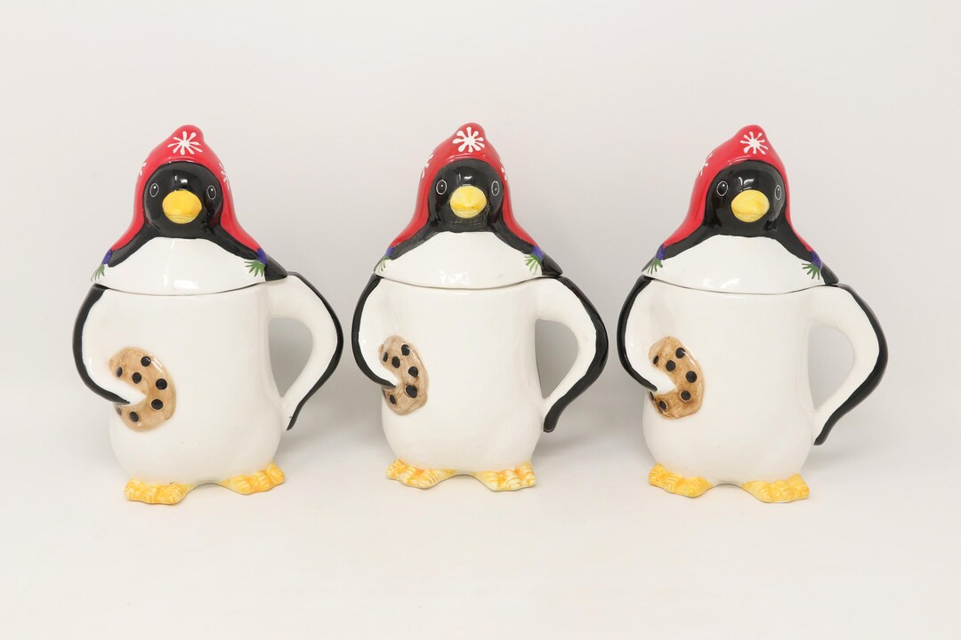 VERY NICE Set of 3 Penguin Covered Mugs With Christmas Hats and Cookies ...
