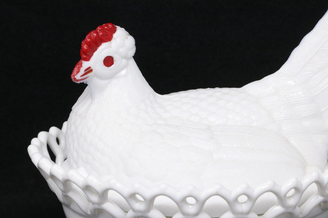 AS IS Large 8" Hen on Nest Dish, White Hen With Red Comb, Milk Glass ...