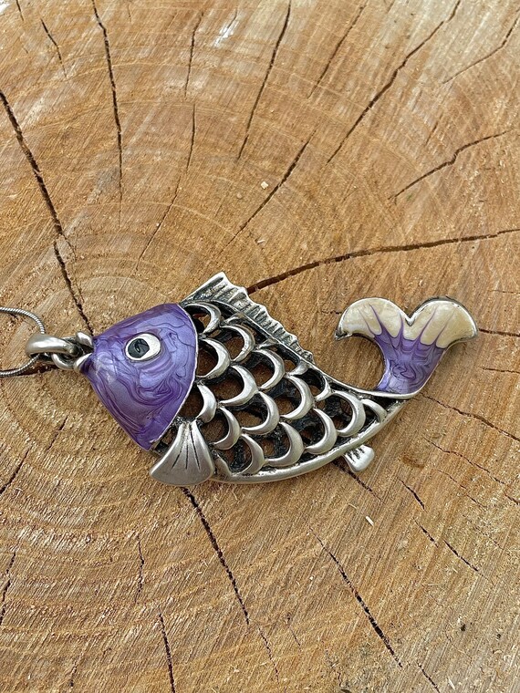 Large Vintage Enamel Fish Pendant and Chain Sliver - Gem