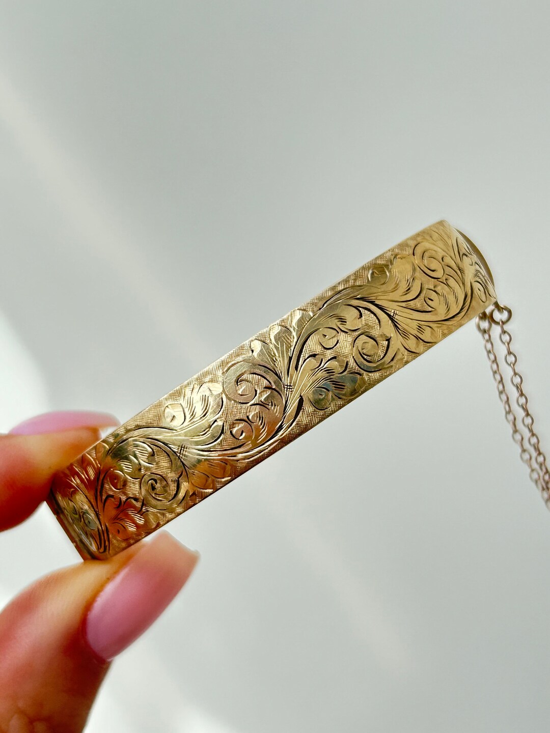 Amazing 9ct Gold Metal Core Bangle / Bracelet With Safety Chain - Etsy