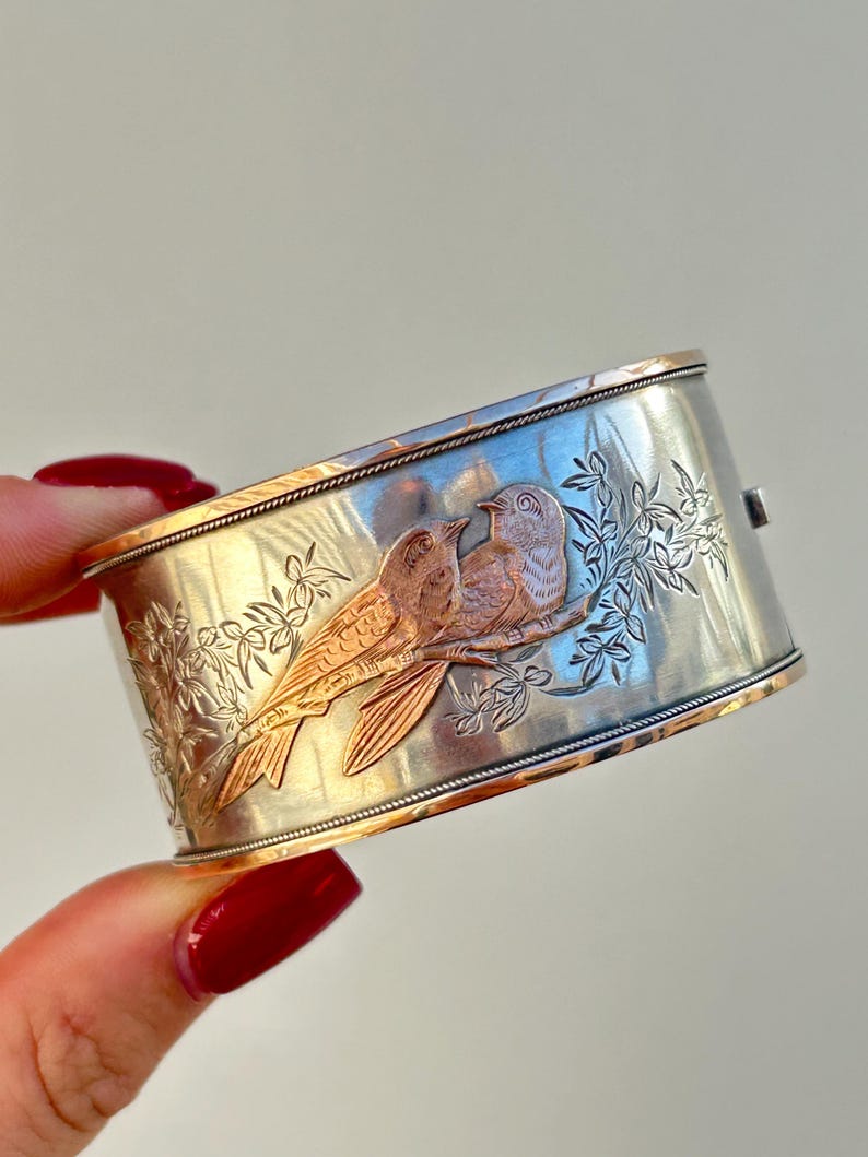 Antique Wide Silver Bangle With Gold Overlay Bird Motif - Etsy Australia
