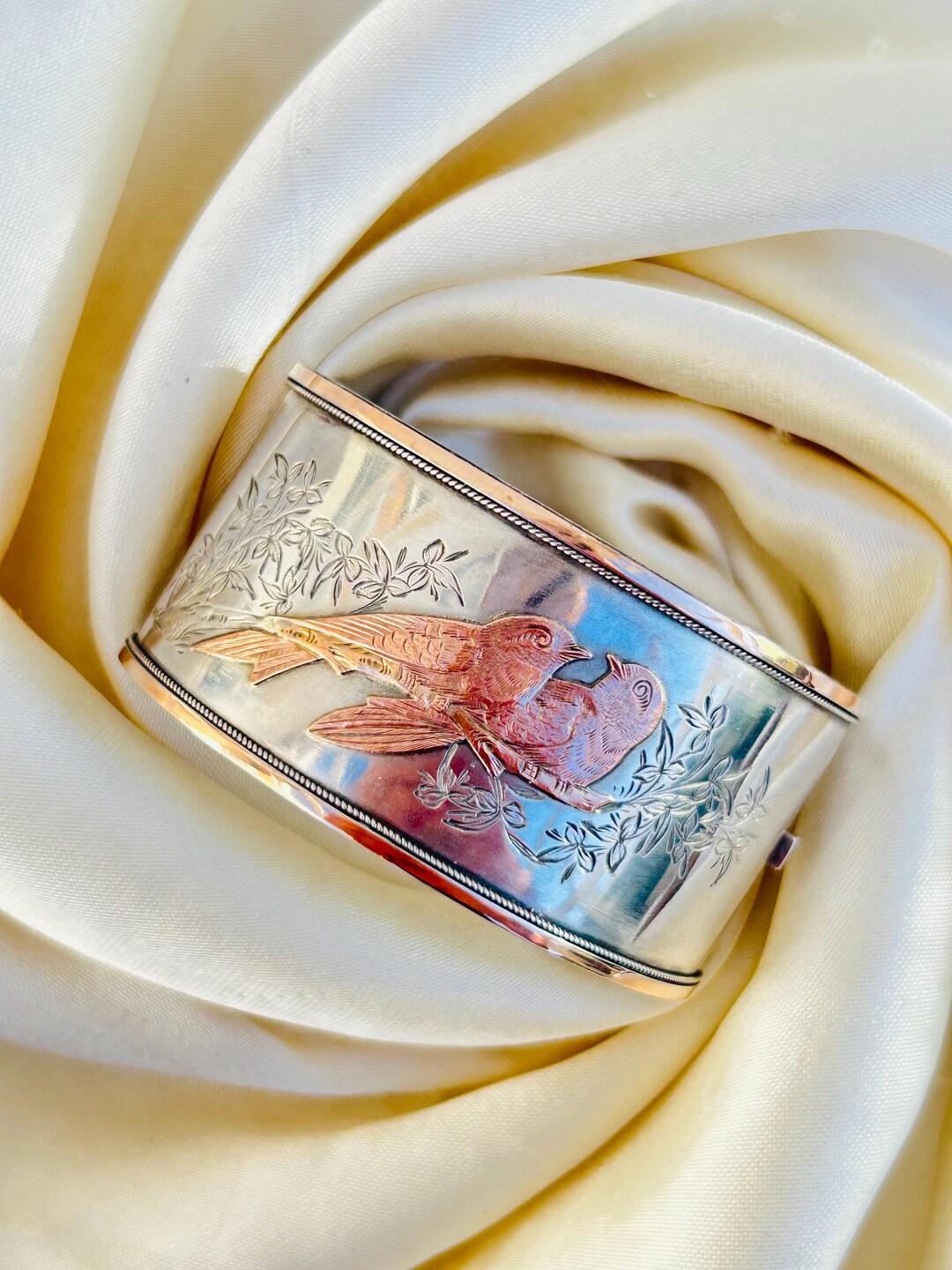 Antique Wide Silver Bangle With Gold Overlay Bird Motif - Etsy UK