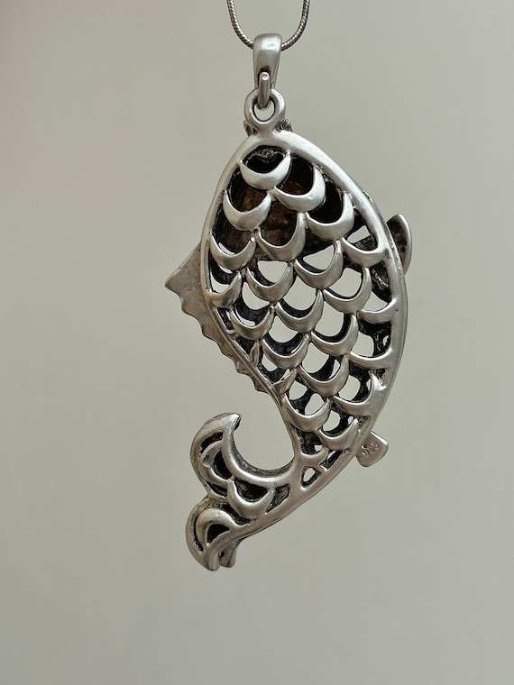 Large Vintage Enamel Fish Pendant and Chain Sliver - Gem