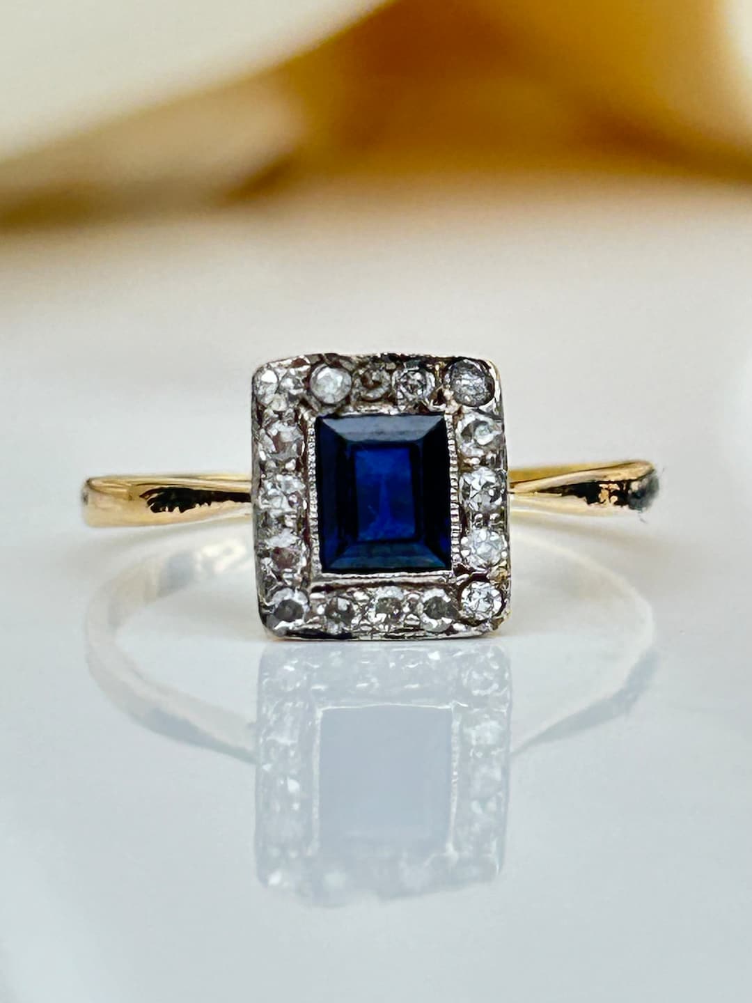 Antique Art Deco 18ct Yellow Gold Sapphire and Diamond Square Ring ...