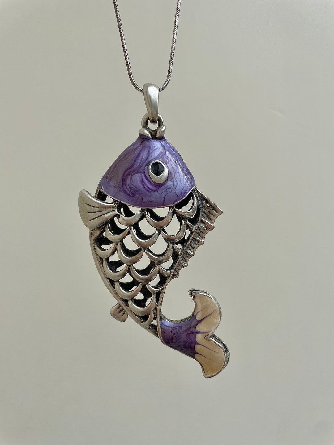 Large Vintage Enamel Fish Pendant and Chain Sliver - Etsy