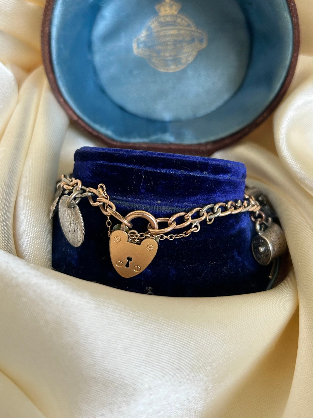 Antique 18ct Rolled Gold and Silver Charm Bracelet With Heart Padlock ...