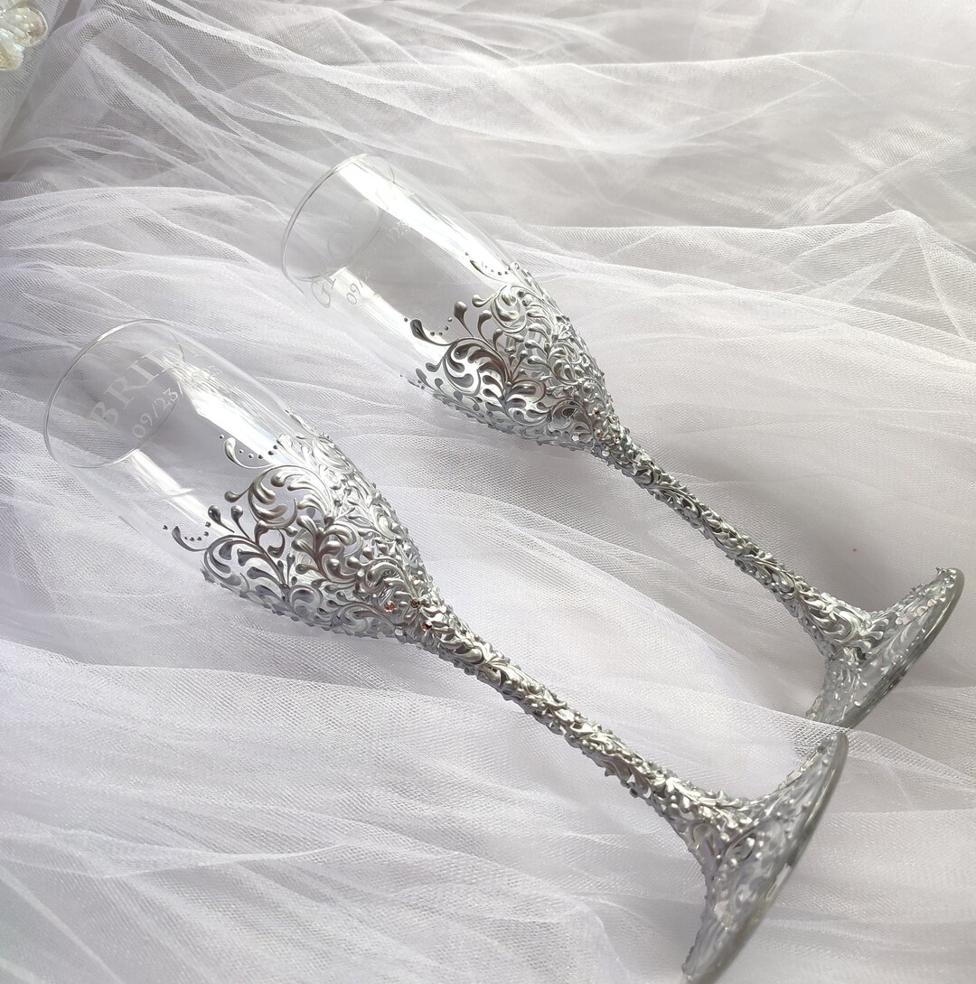 Silver Wedding Champagne Flutes, Hand Painted Crystal Set - Etsy