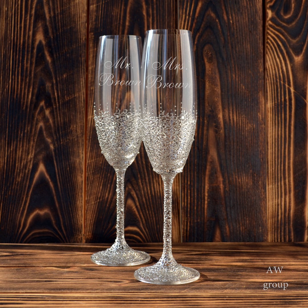 Personalized Wedding Champagne Flutes, Silver Wedding Toast Glasses ...