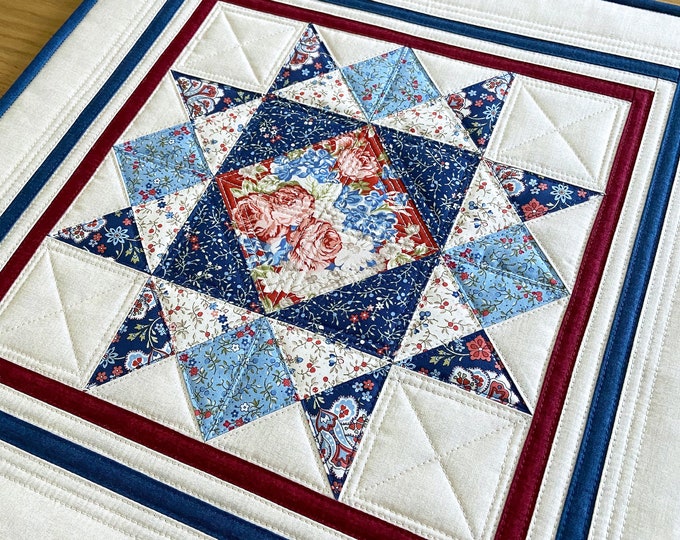 Quilted Table Topper, 19" Square Floral Quilted Table Runner, Summer ...