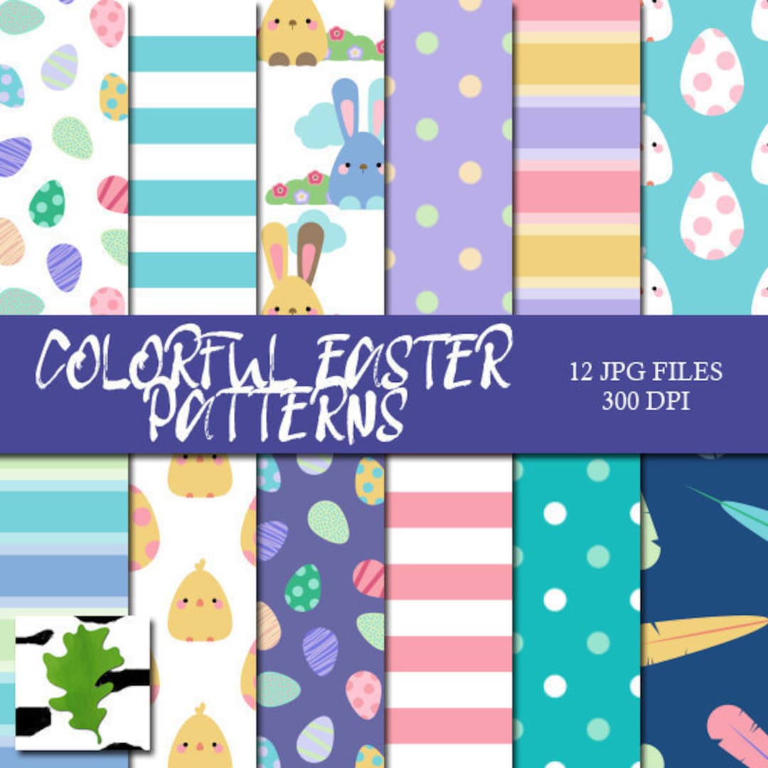 Colorful Seamless Patterns Digital Paper Easter Eggs Feathers Bunnies ...