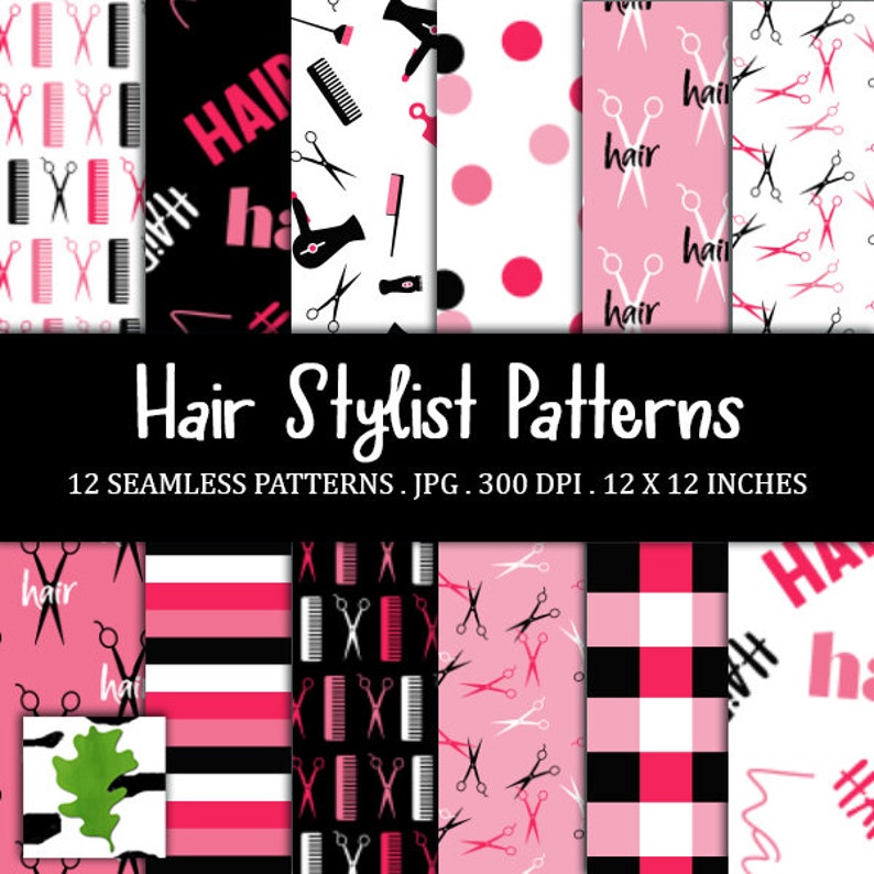 Hair Stylist Seamless Patterns Digital Paper Scissors Combs Hair Salon ...