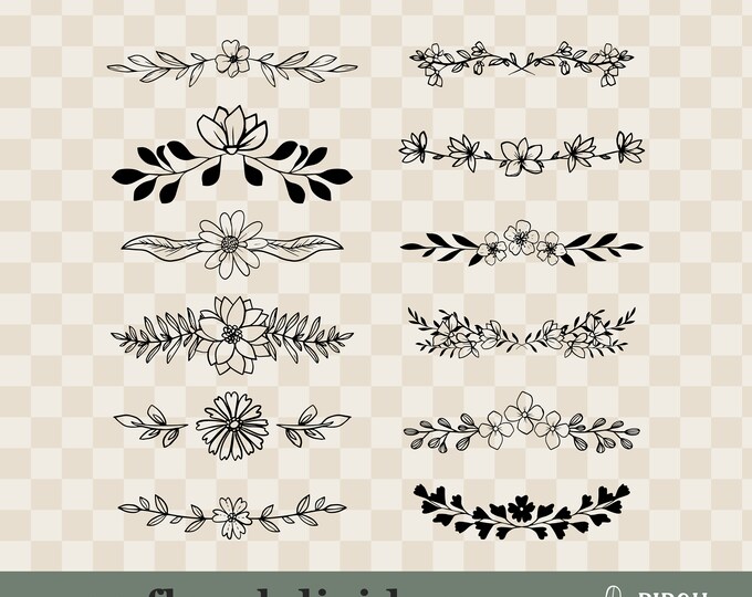 Floral Dividers Flower Dividers SVG PNG Half Wreaths Hand Drawn Digital ...