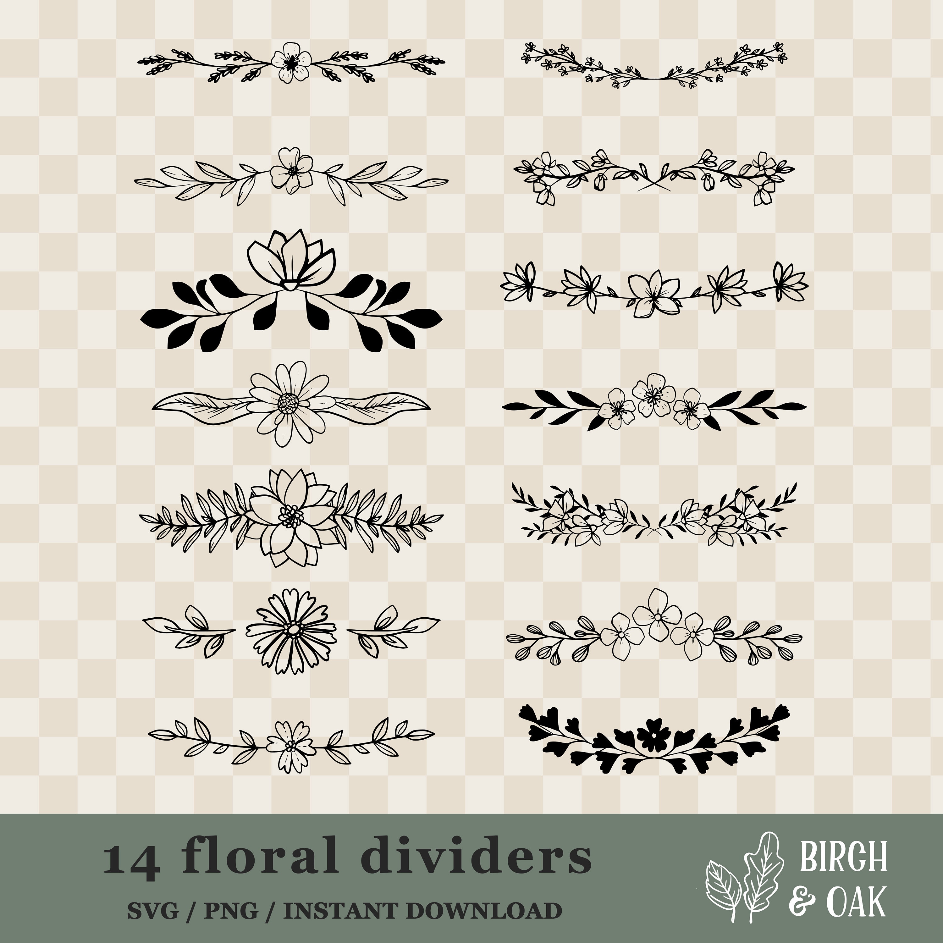 Floral Dividers Flower Dividers SVG PNG Half Wreaths Hand Drawn Digital ...