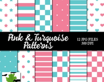 Pink & Turquoise Digital Paper, Stripes Polka Dot Arrows Waves ...