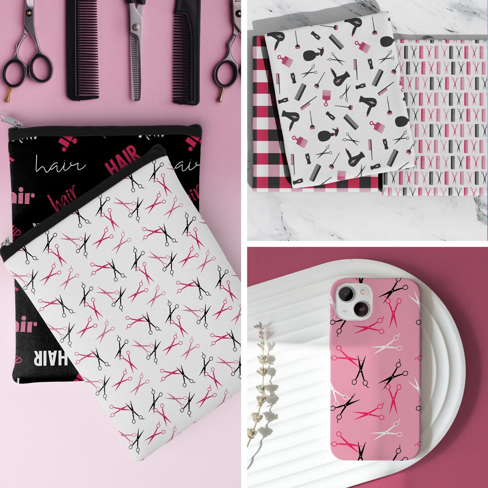 Hair Stylist Seamless Patterns Digital Paper Scissors Combs Hair Salon ...