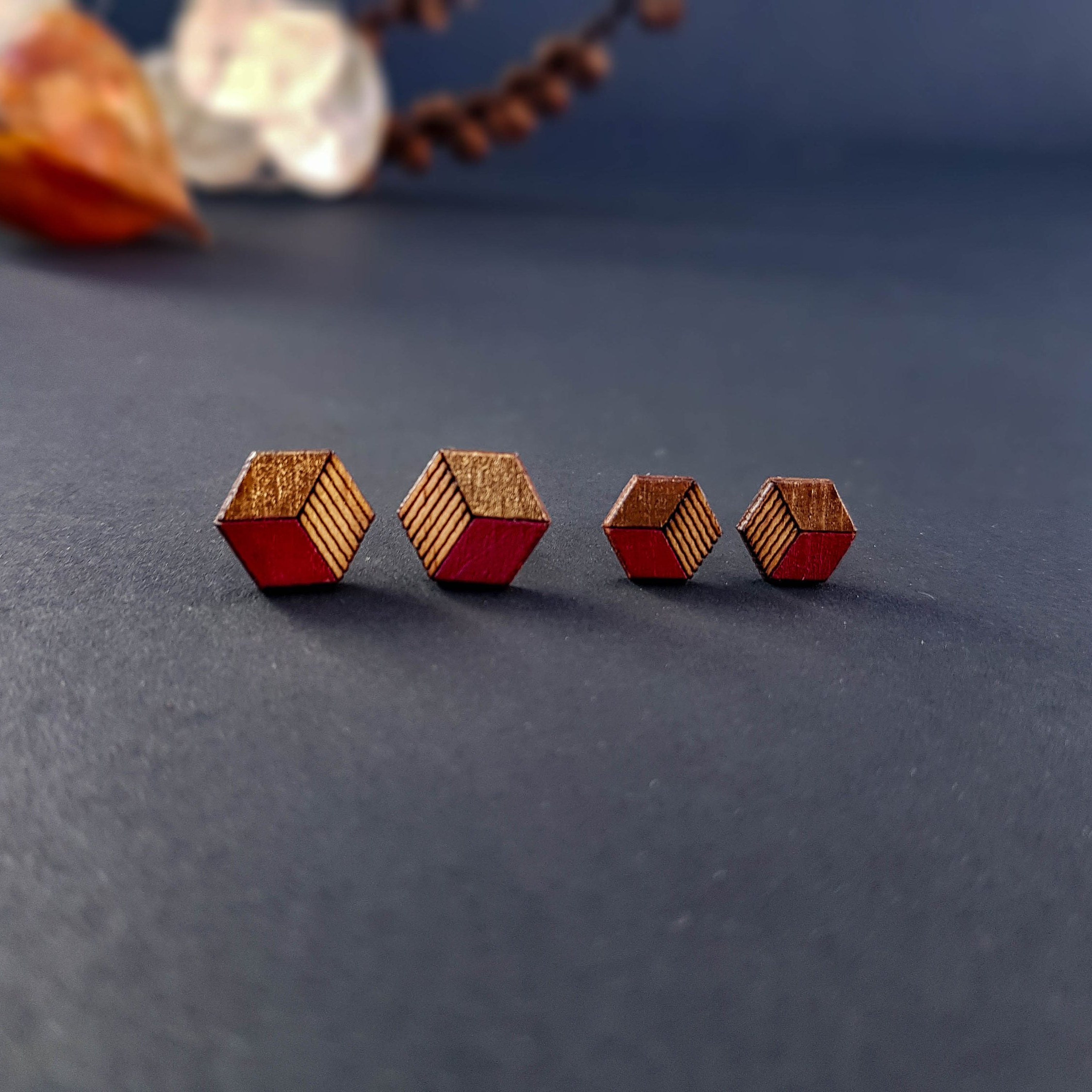 Wooden Cube Earrings, Geometric Studs, Wooden Stud Earrings, Hexagonal ...