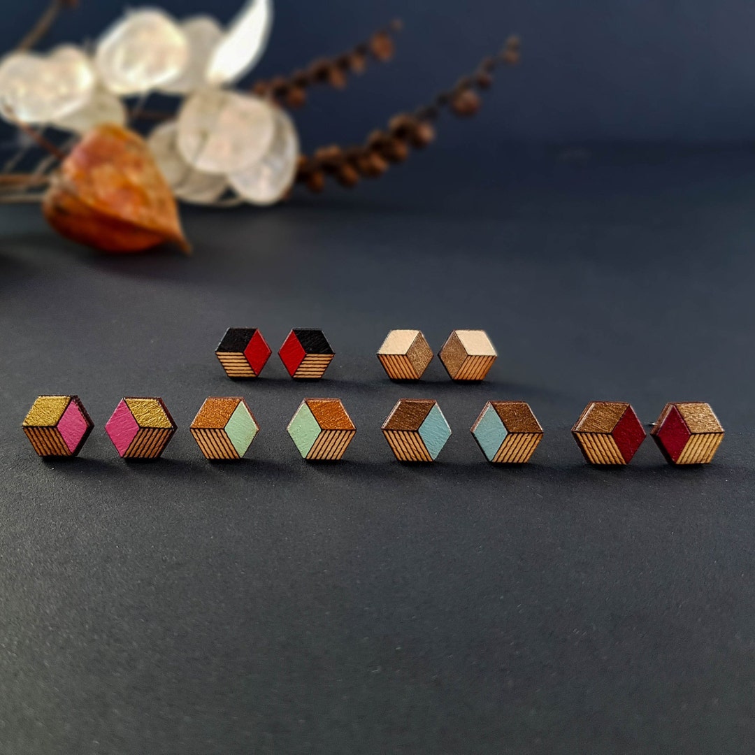 Wooden Cube Earrings, Geometric Studs, Wooden Stud Earrings, Hexagonal ...