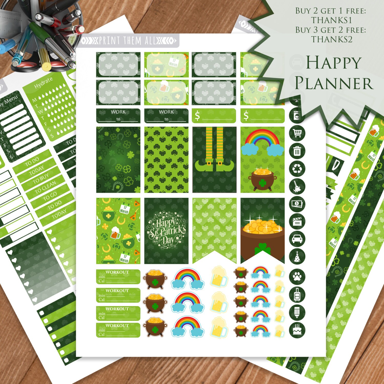 St Patrick's Day Planner Stickers Printable March Kit - Etsy