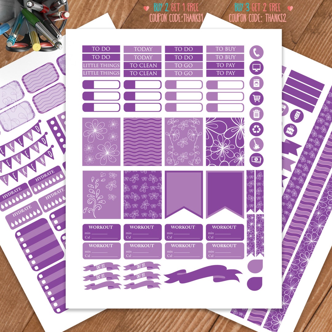Violet Planner Stickers Printable,weekly Kit, Stickers for ERIN CONDREN ...