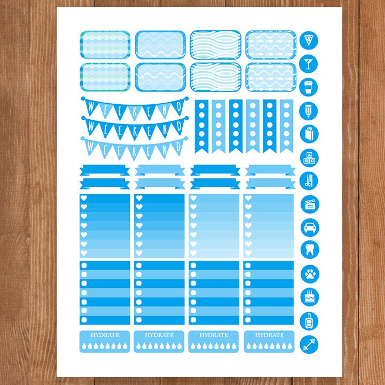 Blue Waves Planner Stickers Printableweekly Kit Stickers for - Etsy