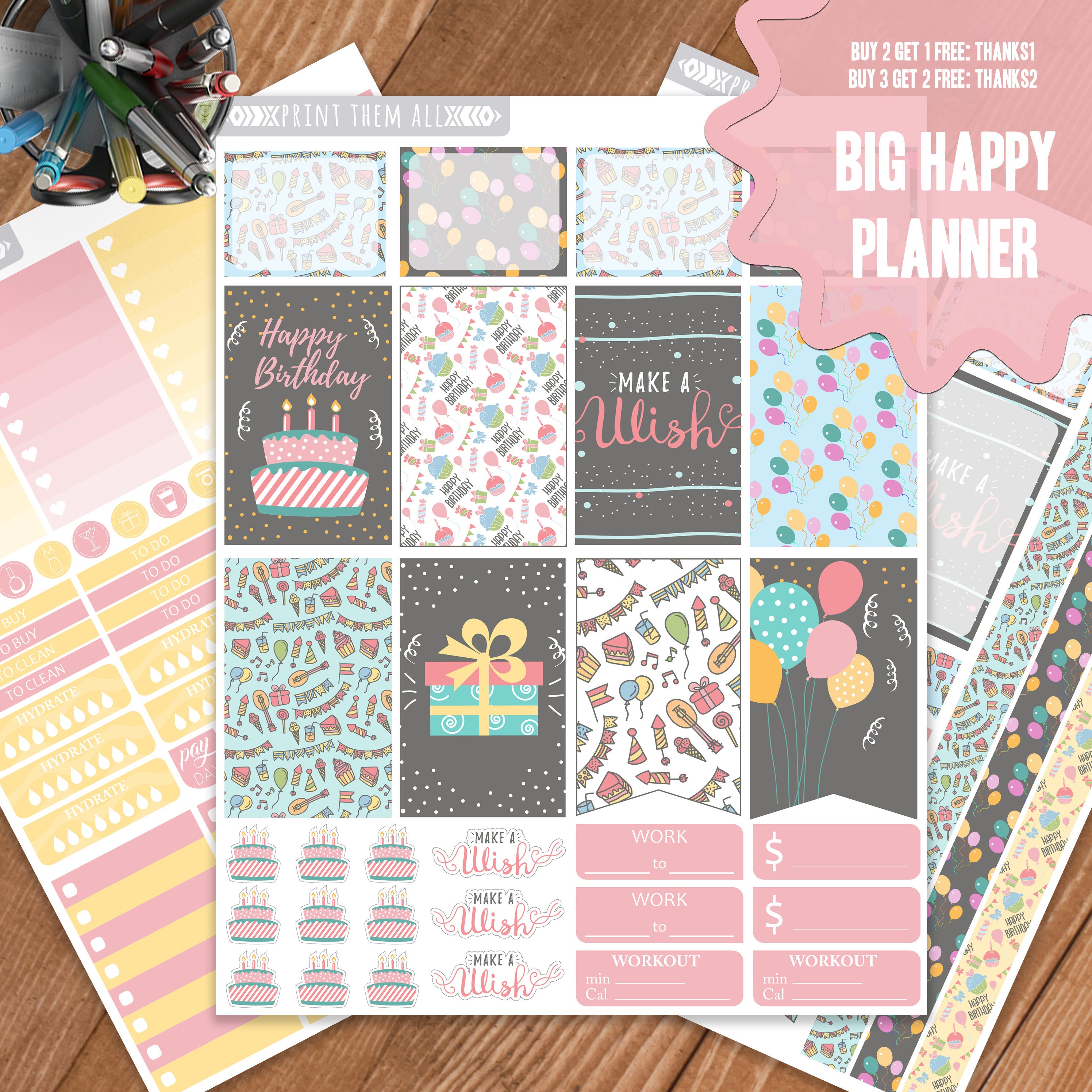 Birthday Planner Stickers Printable Big Happy Planner | Etsy