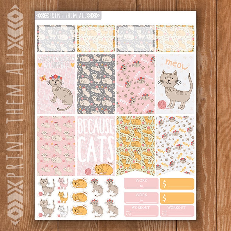 Cute Cat Planner Stickers Printable, Big Happy Planner Stickers, Weekly ...